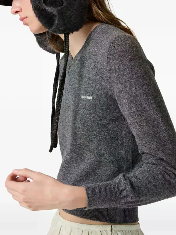 Miu Miu V-neck Wool Cardigan With Intarsia Logo