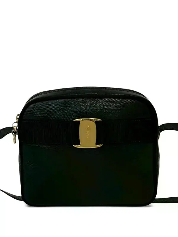 FERRAGAMO 20th Century Lizard Embossed Leather Vara Crossbody Bag - Black