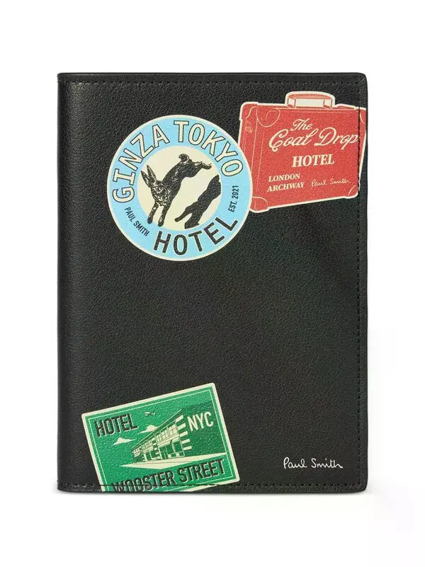 Paul Smith Hotel Stickers Leather Passport Holder - Black