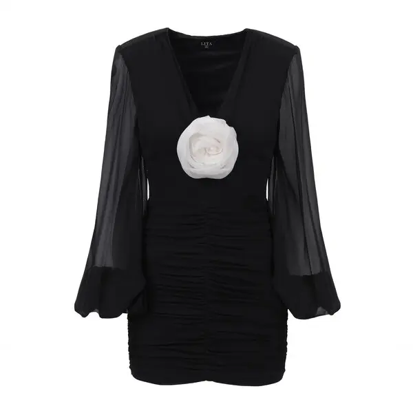 LITA COUTURE Sheer Ruched Floral Appliqué Dress