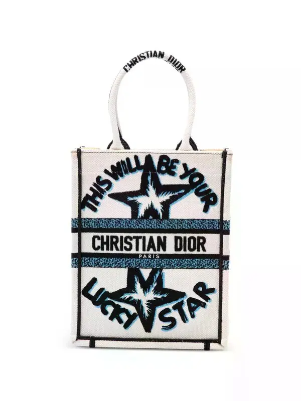 Dior Embroidered Canvas Lucky Star Vertical Book Tote Bag - White