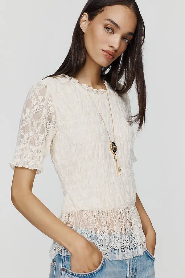 Anthropologie Lace Peplum Top - Egret