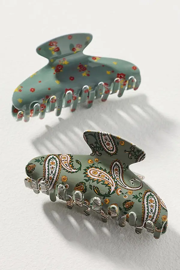 Anthropologie Bandana Prt Hair Claw Clips, Set Of 2 - Green