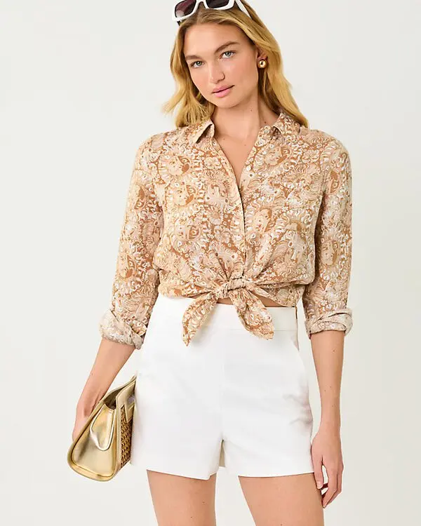 Lilly Pulitzer® Sea View Linen Button Down Shirt - Iced Latte