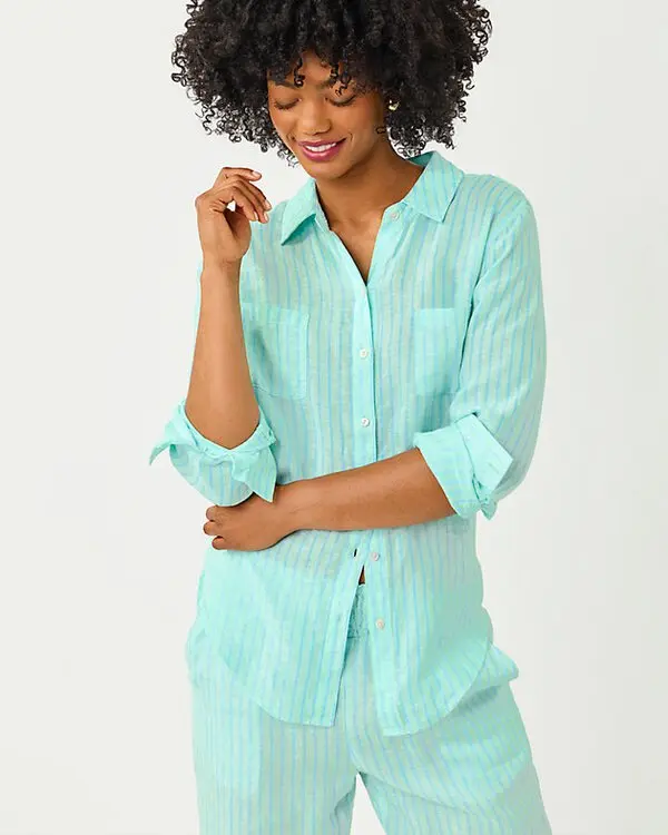 Lilly Pulitzer® Sea View Linen Button Down Shirt - Mint