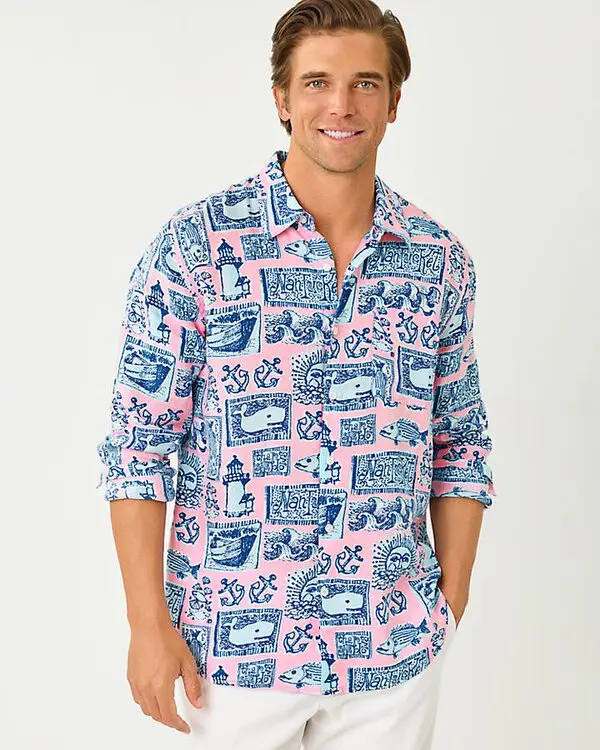 Lilly Pulitzer® Stuff Addison Button Down Linen Shirt In Straight Fit, Long Sleeves - Pink