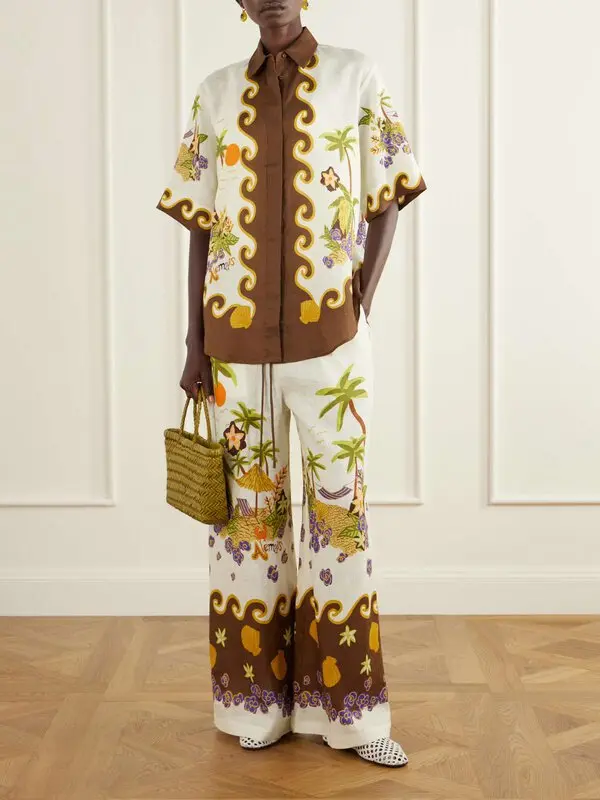 ALEMAIS Island Cove Printed Linen Wide-leg Pants