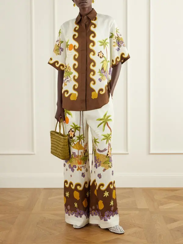 ALEMAIS Island Cove Printed Linen Wide-leg Pants - White