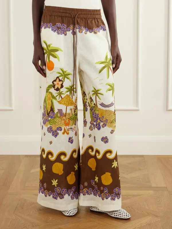 ALEMAIS Island Cove Printed Linen Wide-leg Pants - White