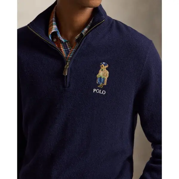 Ralph Lauren Polo Bear Embroidered Wool Quarter-zip Sweater