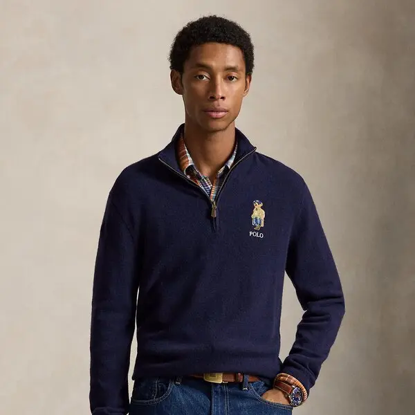 Ralph Lauren Polo Bear Embroidered Wool Quarter-zip Sweater - Hunter Navy