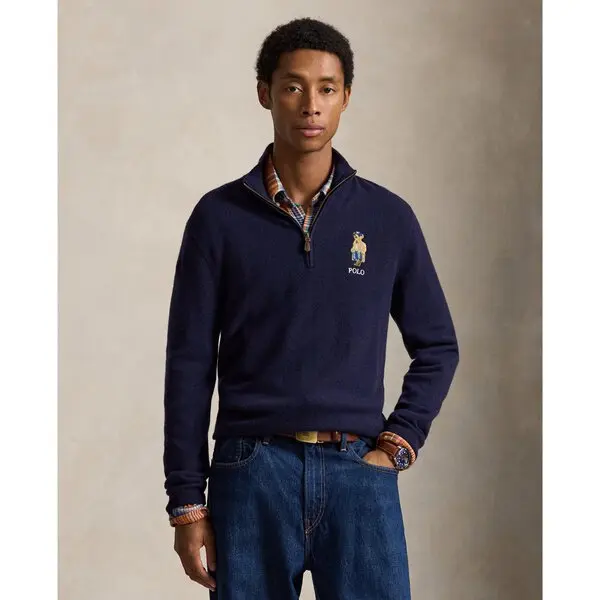 Ralph Lauren Polo Bear Embroidered Wool Quarter-zip Sweater - Hunter Navy