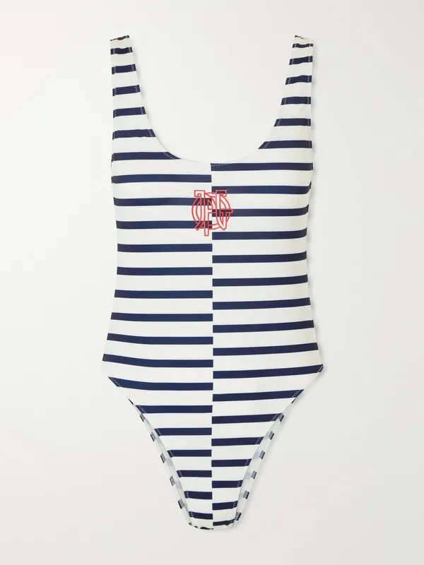 JEAN PAUL GAULTIER Asymmetrical Striped Swimsuit With Logo Appliqu - White