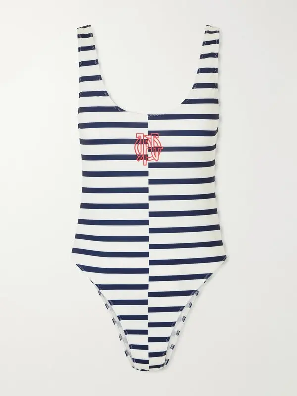 JEAN PAUL GAULTIER Asymmetrical Striped Swimsuit With Logo Appliqu - White
