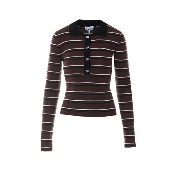GANNI Ribbed Wool Long Sleeve Polo With Striped Detail And Logo Buttons - Brown