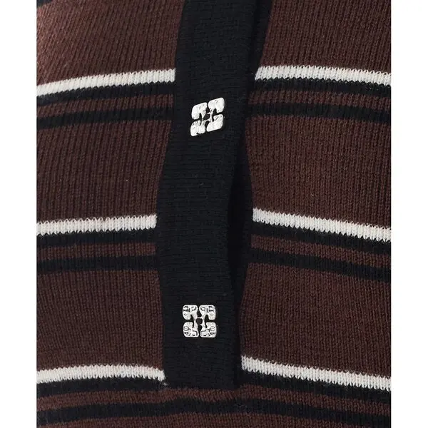 GANNI Ribbed Wool Long Sleeve Polo With Striped Detail And Logo Buttons - Brown