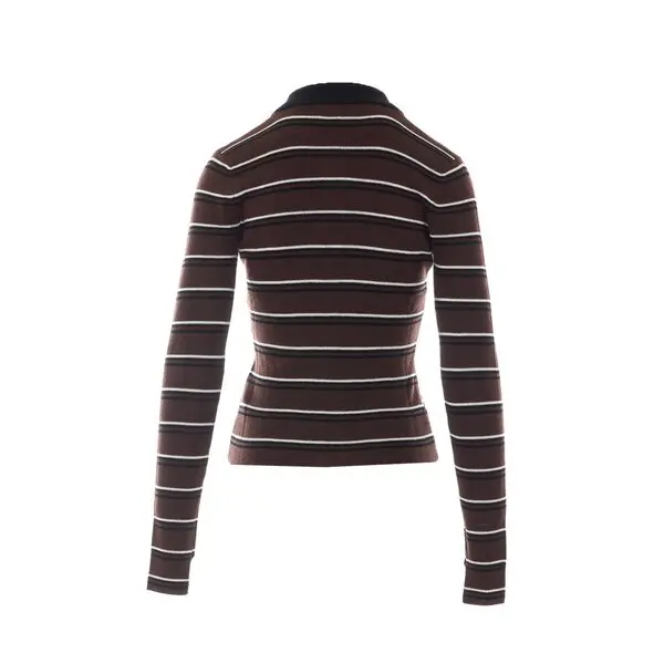 GANNI Ribbed Wool Long Sleeve Polo With Striped Detail And Logo Buttons - Brown