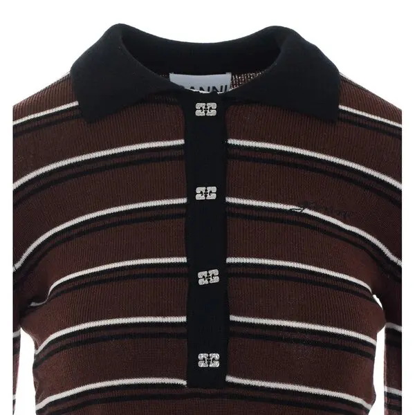 GANNI Ribbed Wool Long Sleeve Polo With Striped Detail And Logo Buttons - Brown