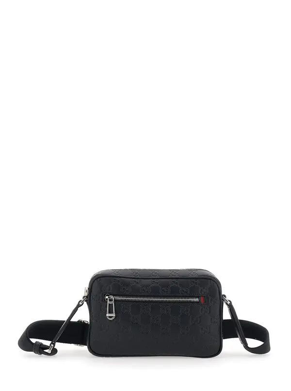 Gucci Black Emblem Shoulder Bag With Adjustable Strap And All-over Gg Pattern In Leather For