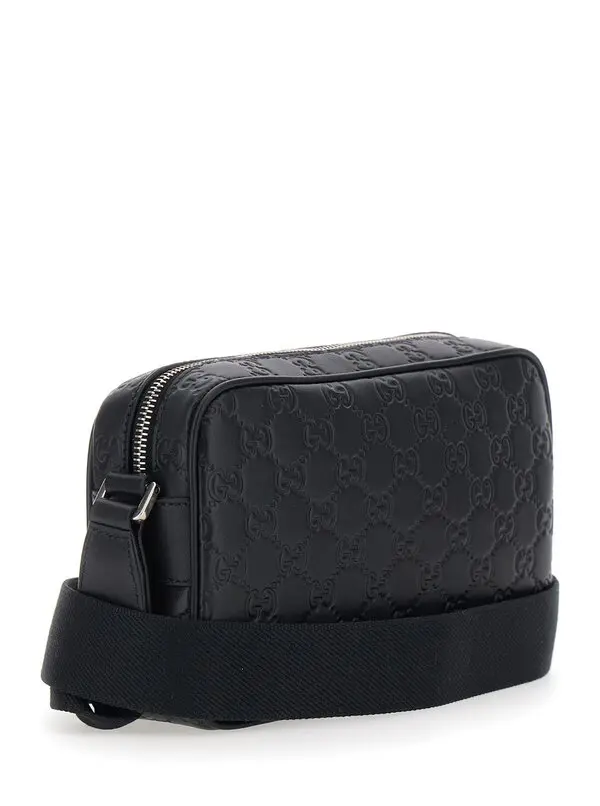 Gucci Black Emblem Shoulder Bag With Adjustable Strap And All-over Gg Pattern In Leather For