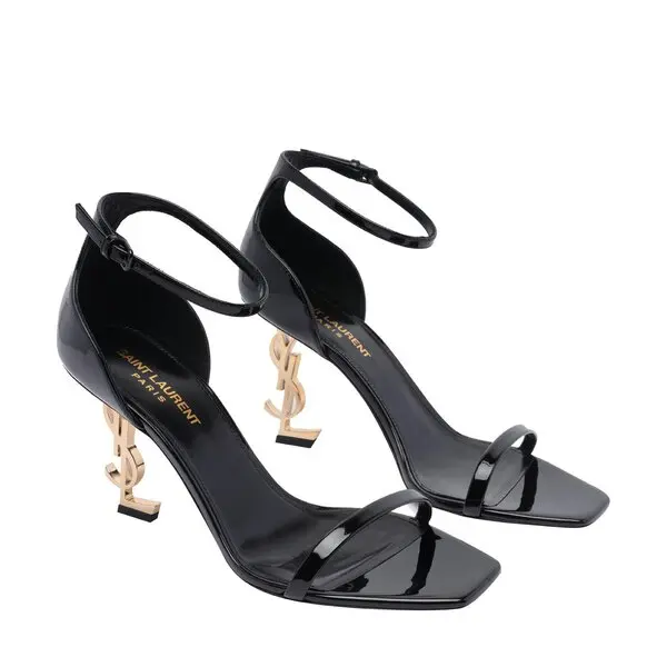 Saint Laurent Opyum Pump Sandals In Patent Leather With Gold Tone Heel