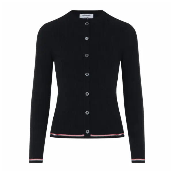 Thom Browne Ribbed Striped Logo Cardigan - Black