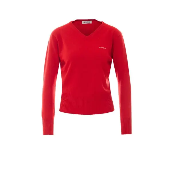 Miu Miu Embroidered Logo V-neck Cashmere Sweater
