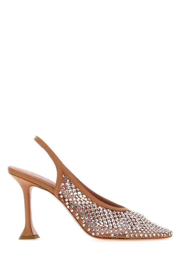 Amina Muaddi Embellished Mesh Slingback Pumps - Brown
