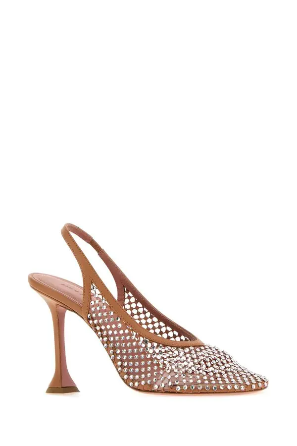 Amina Muaddi Embellished Mesh Slingback Pumps - Brown