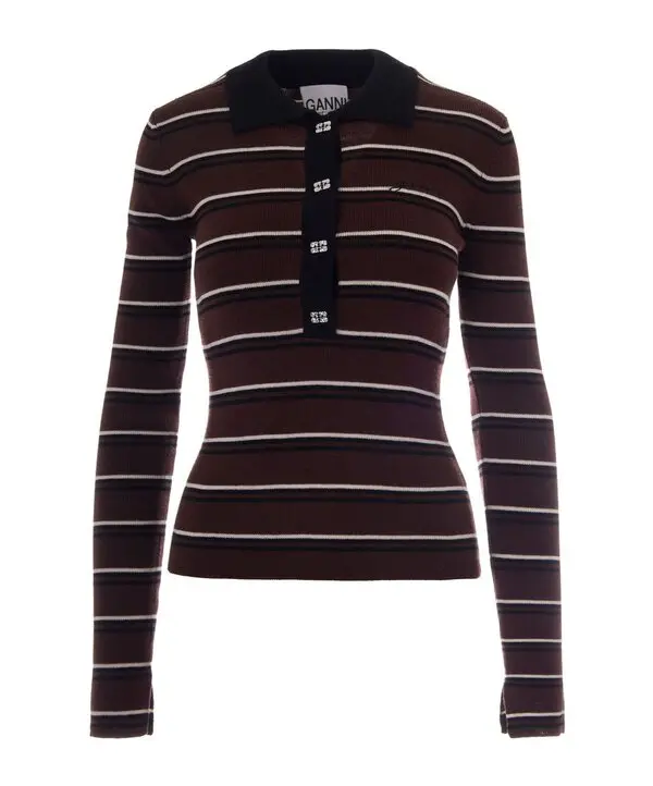 GANNI Striped Long-sleeve Knitted Polo Shirt - Black