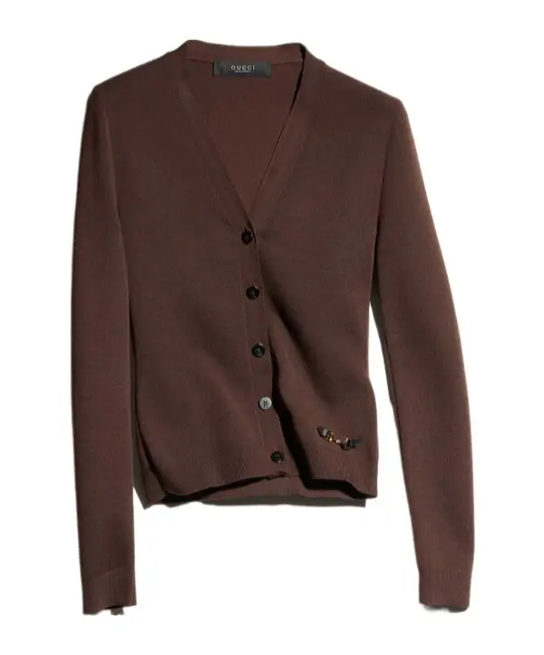 Gucci Fine Rib Knit Wool Cardigan With Horsebit Detail - Dark Brown