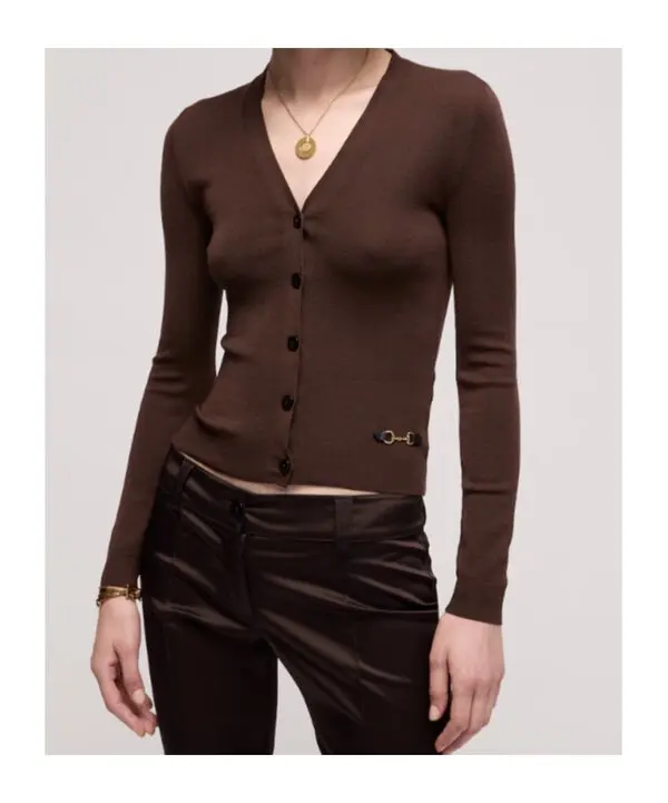 Gucci Fine Rib Knit Wool Cardigan With Horsebit Detail - Dark Brown
