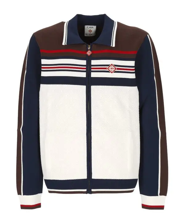 Casablanca Zip-up Knit Top - White/brown/navy Blue