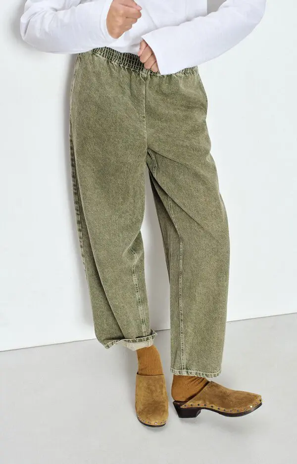 American Vintage Wide-leg Casual Trousers With Elasticated Waist - Olive Green