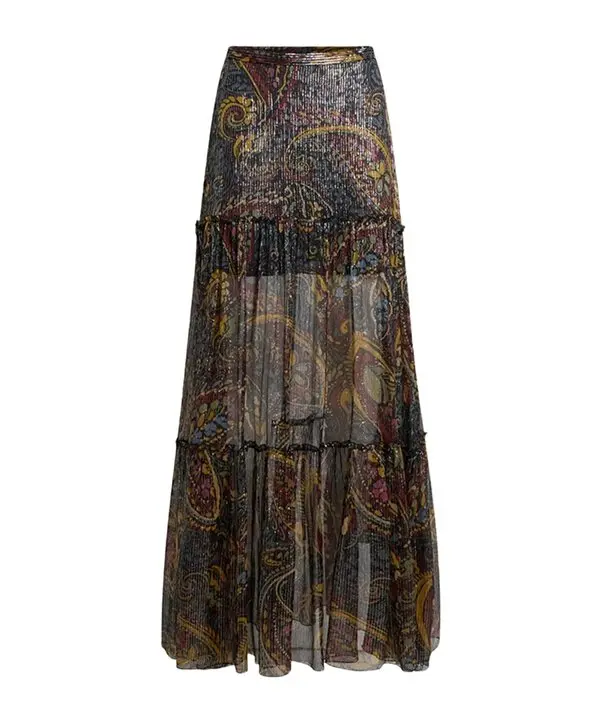 Etro Silk Maxi Skirt With Striped Floral Paisley Motif - Black