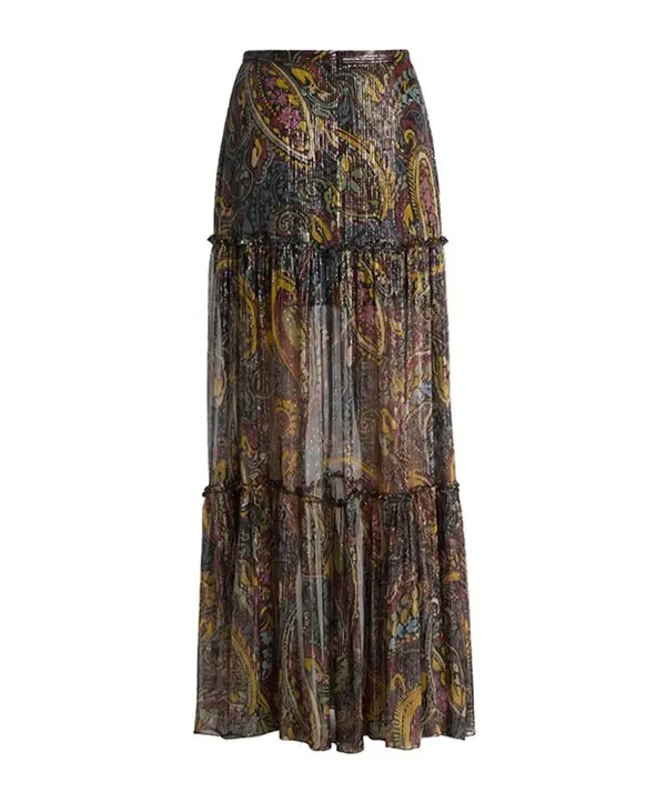 Etro Silk Maxi Skirt With Striped Floral Paisley Motif - Black