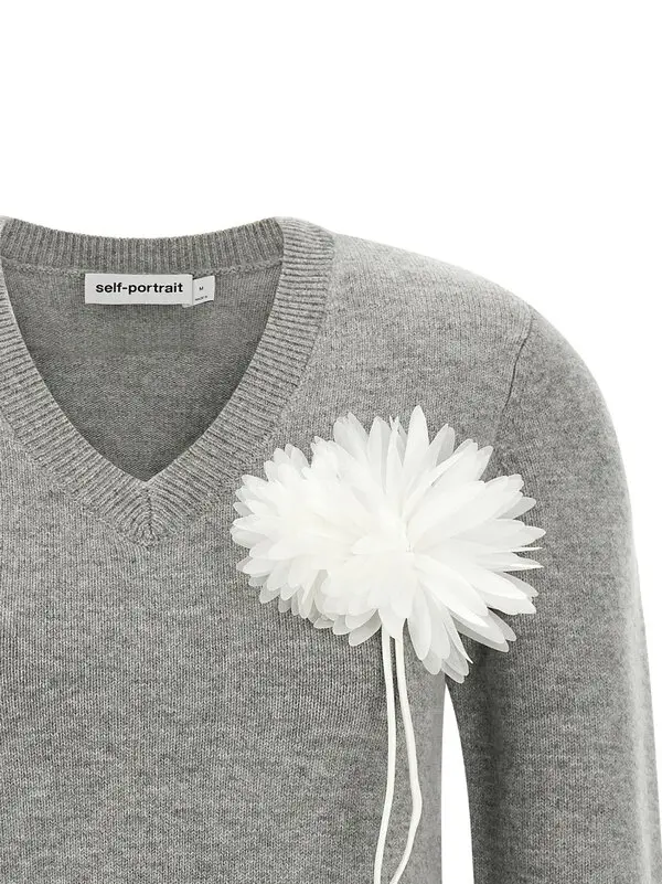 SELF-PORTRAIT Floral Appliqué V-neck Knit Sweater - Grey