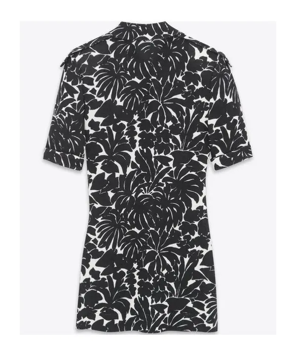 Saint Laurent Tropical Print Short Sleeve Shirt Dress - Black