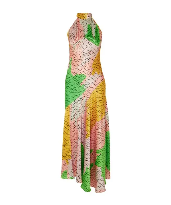 DE LA VALI Asymmetrical Printed Silk Satin Maxi Dress
