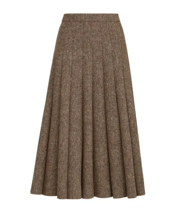 Brunello Cucinelli Virgin Wool Donegal Pleated Flared Skirt - Light Brown