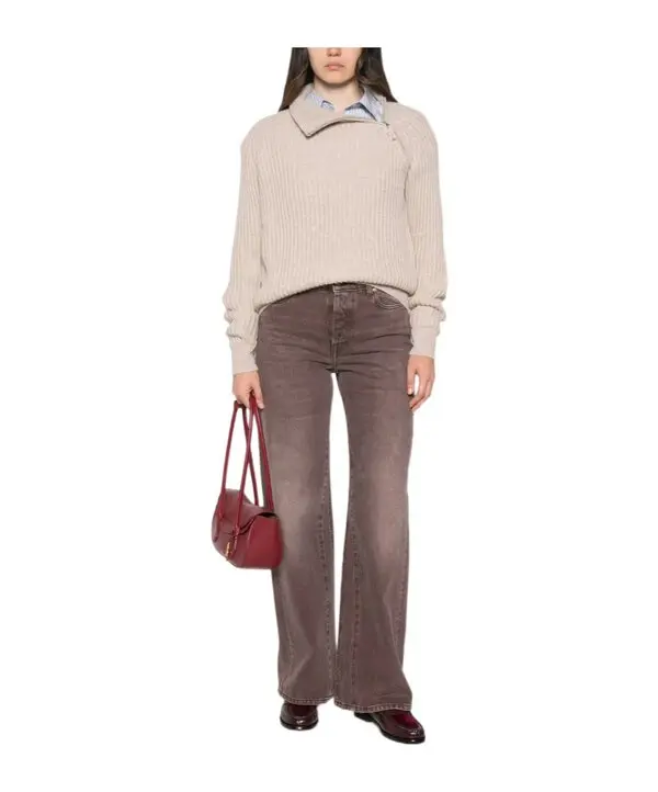 ALLUDE Ribbed Knit Sweater With Off-centre Zip - Beige