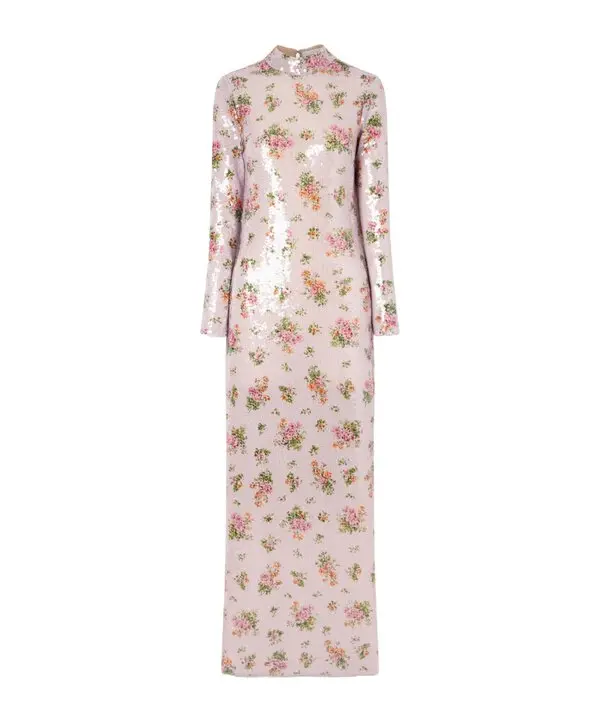Brandon Maxwell Floral Sequin Long Dress