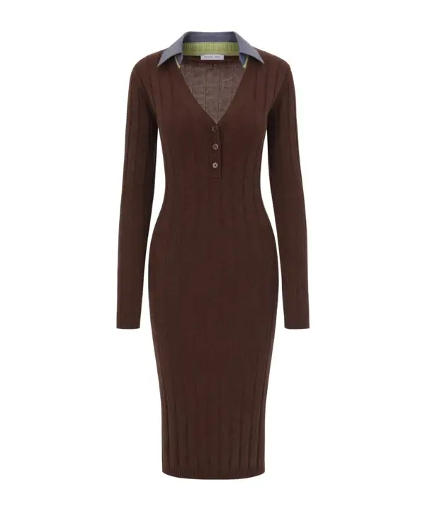 Patrizia Pepe Ribbed Knit V-neck Dress - Brown