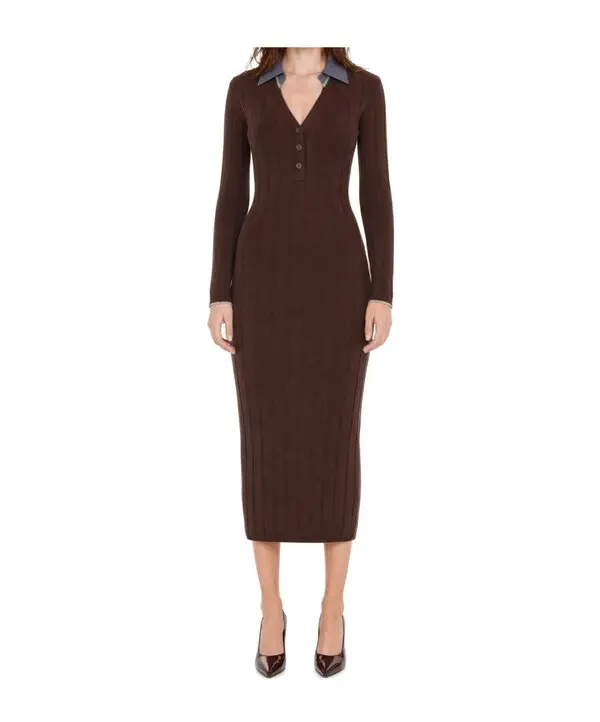 Patrizia Pepe Ribbed Knit V-neck Dress - Brown