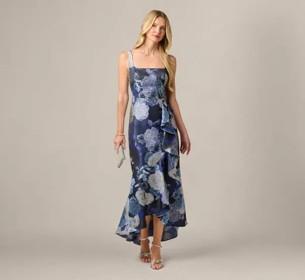 Adrianna Papell Metallic Floral Jacquard High Low Draped Gown - Blue Multi