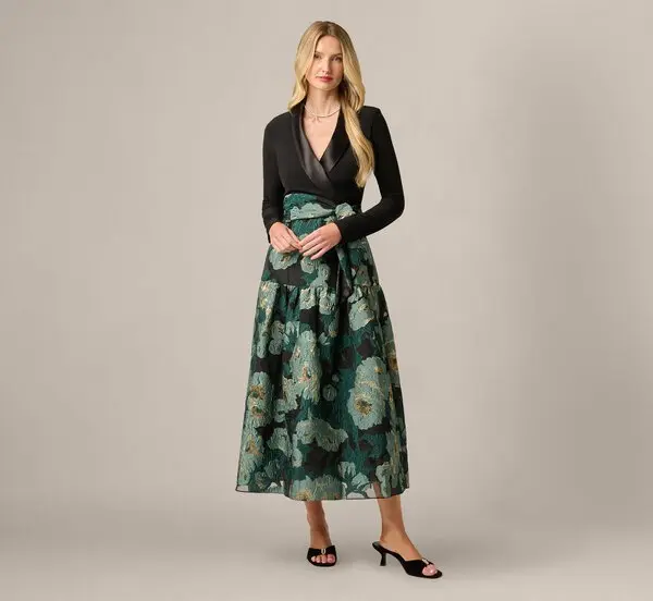 Adrianna Papell Long Sleeve Jacquard Tuxedo Ankle Length Combo Dress In Black Emerald - Black/emerald