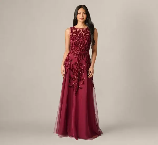 Adrianna Papell Petite Baroque Scroll Velvet Beaded Gown - Mahogany