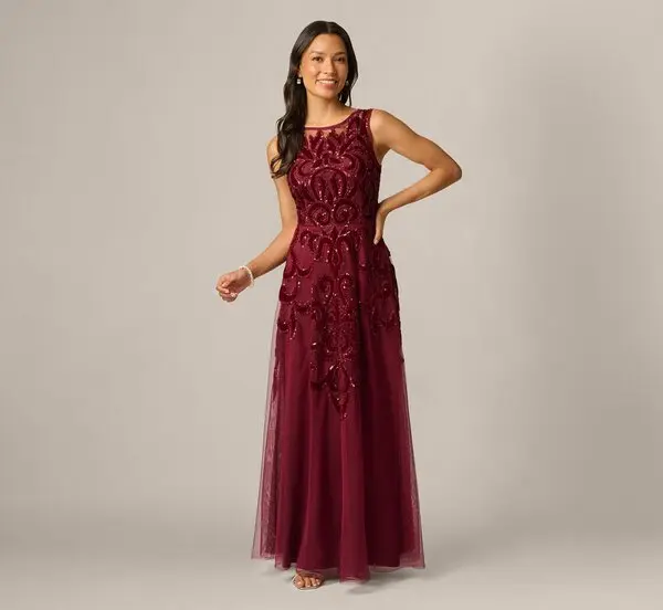 Adrianna Papell Baroque Scroll Velvet Beaded Gown - Mahogany