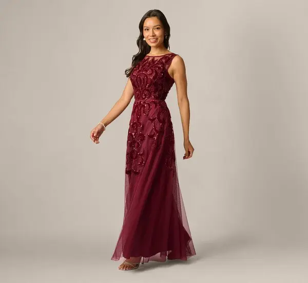 Adrianna Papell Petite Baroque Scroll Velvet Beaded Gown - Mahogany