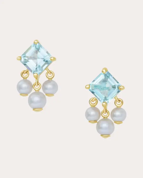 YI COLLECTION Aquamarine & Pearl Nymph Stud Earrings